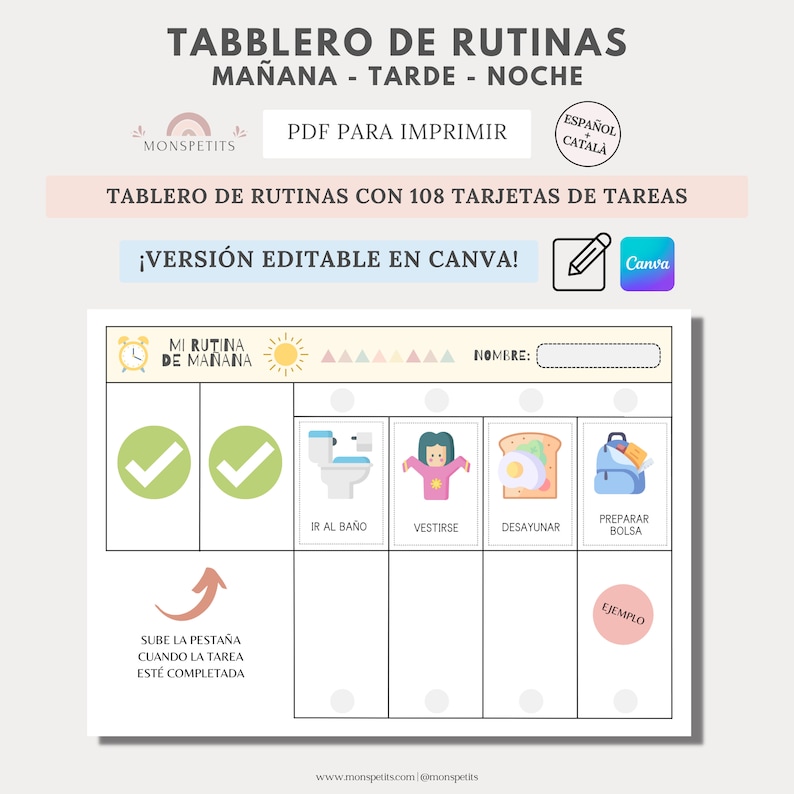 Tablero de Rutinas EDITABLE en Canva, Plantilla Imprimible, Niños, Español, Català, Descarga ...