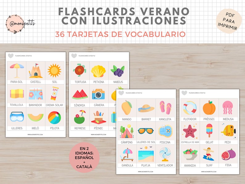 36 Flashcards Vocabulario Verano, Dibujos, Imprimible Niños Español I ...