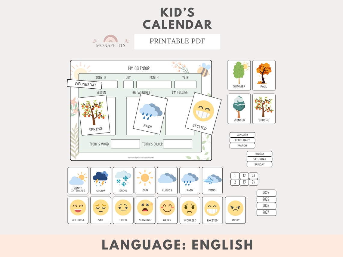 Printable Kids' Calendar, Seasons, Weather, Emotions, Morning Routines ...
