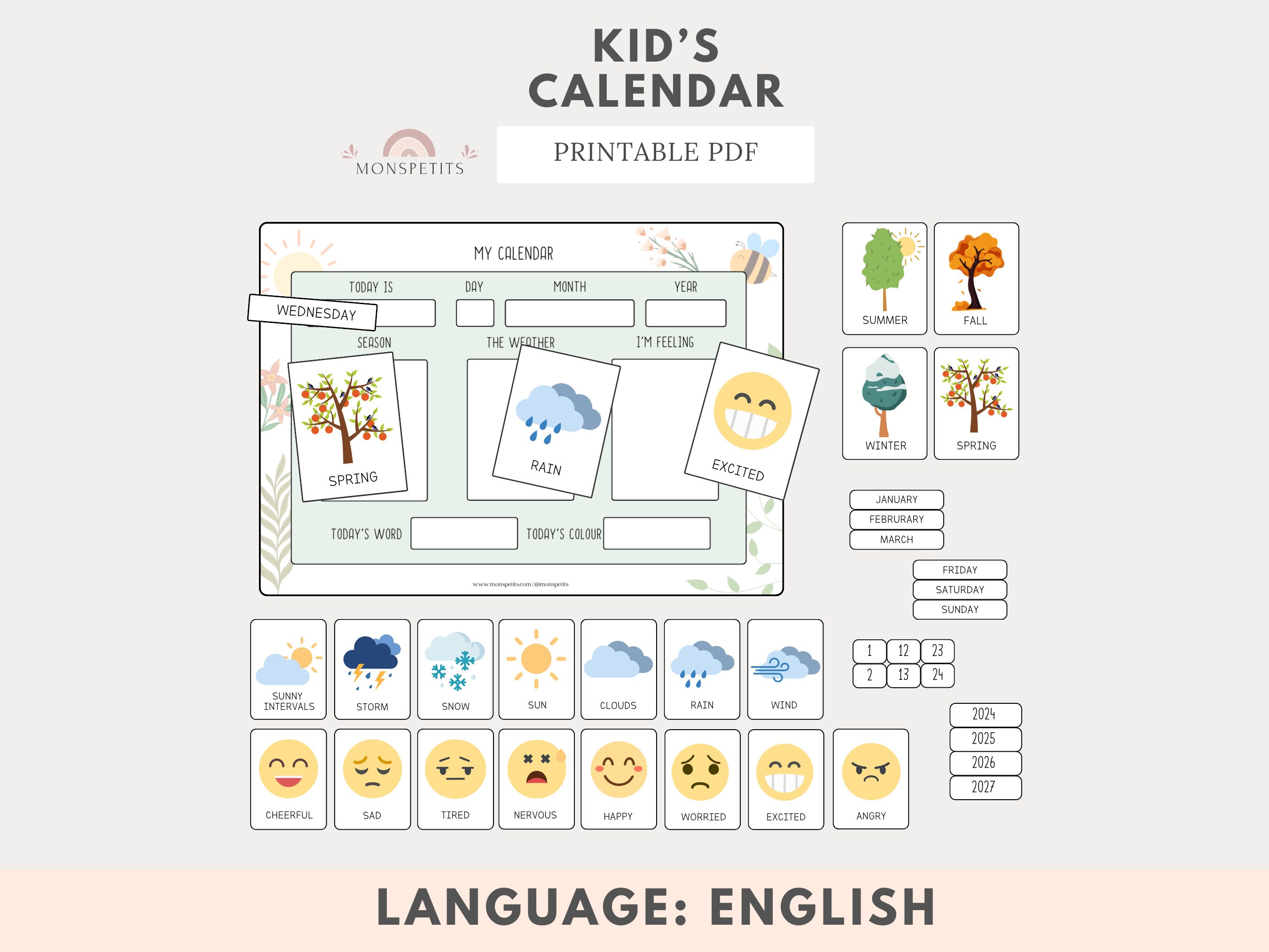 Printable Kids' Calendar, Seasons, Weather, Emotions, Morning Routines ...