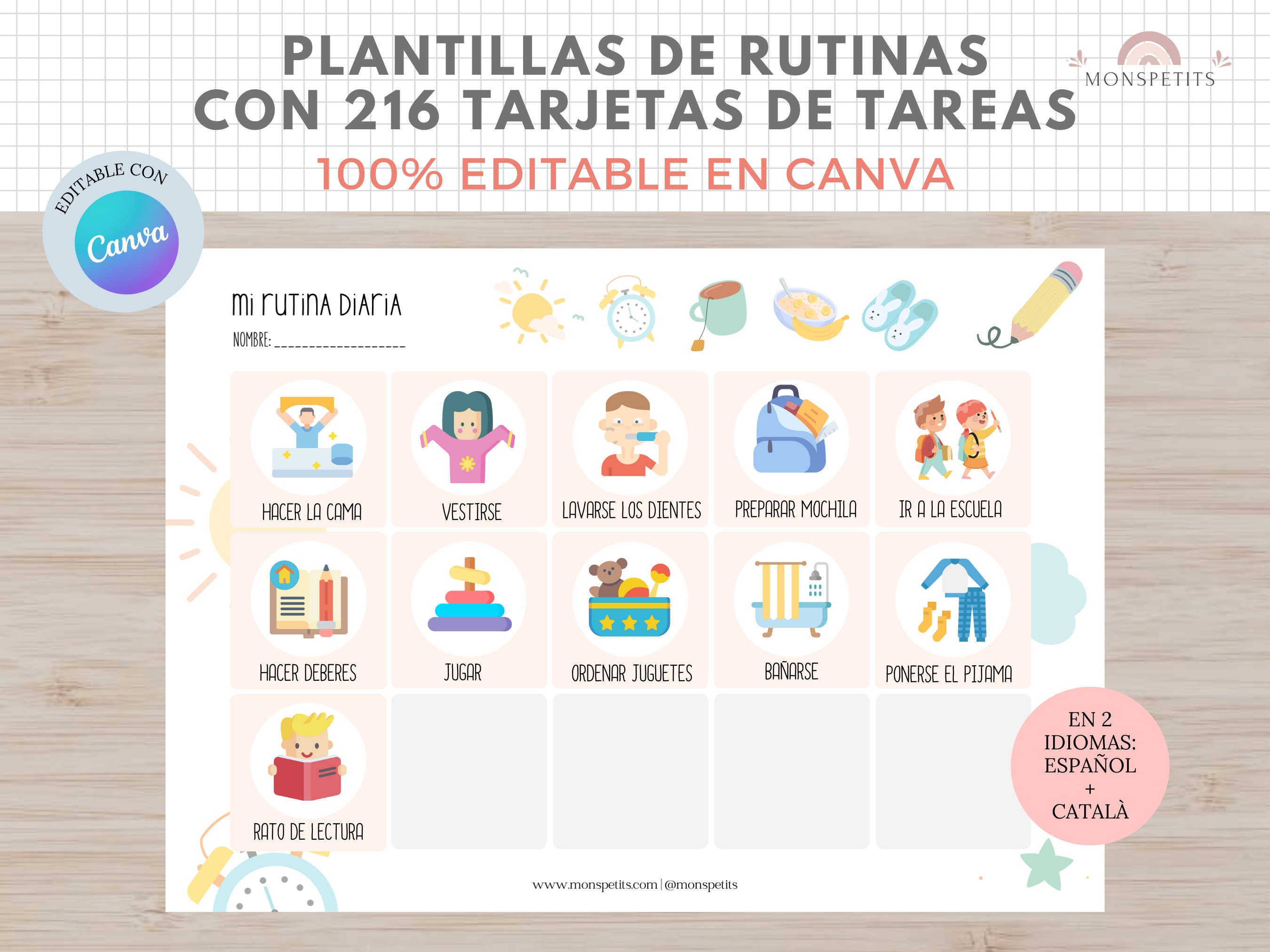 Plantillas de Rutinas con 216 tarjetas de tareas para niños, EDITABLE ...