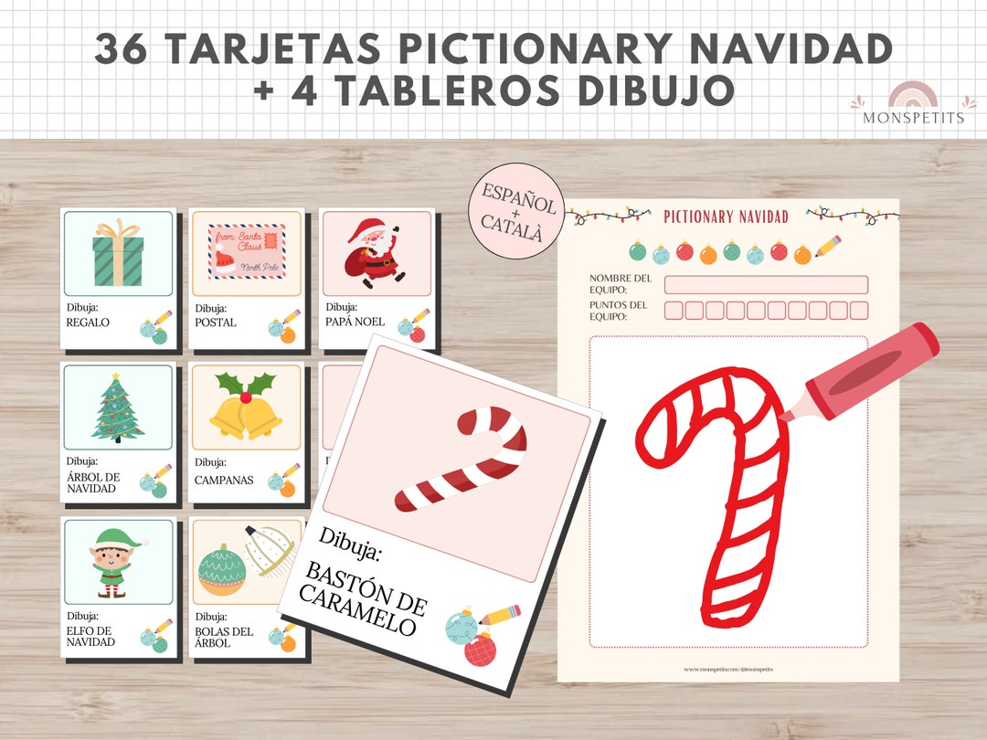 36 Tarjetas Pictionary Navidad, 4 Tableros para Pintar, Juego Navidad ...