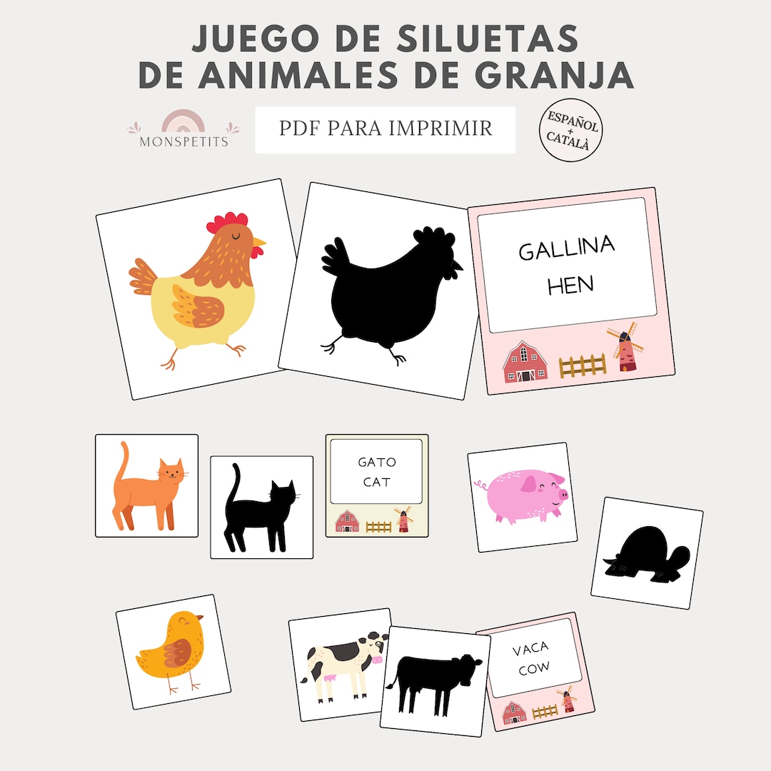 Juego Siluetas Y Animales Granja, Imprimible, Vocabulario, Niños ...