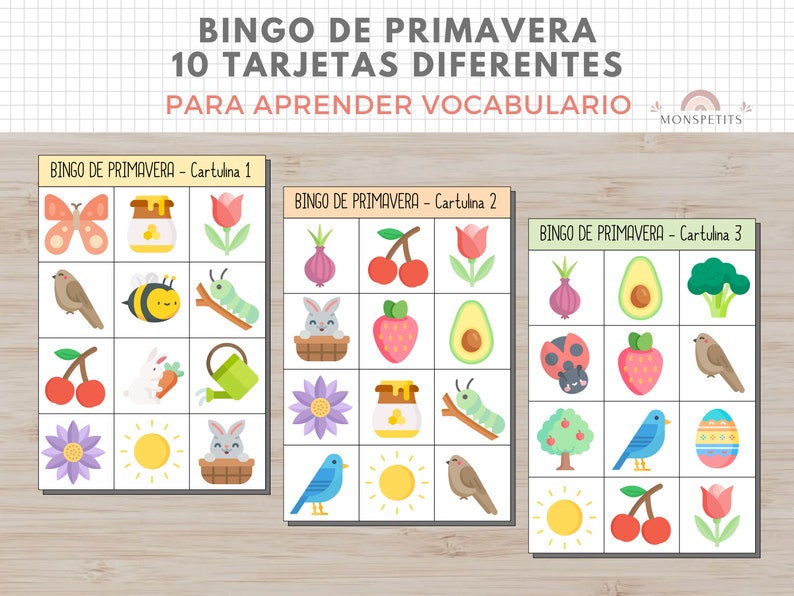 Bingo Temática Primavera, Juego, Vocabulario Niños, Imprimible, Español ...