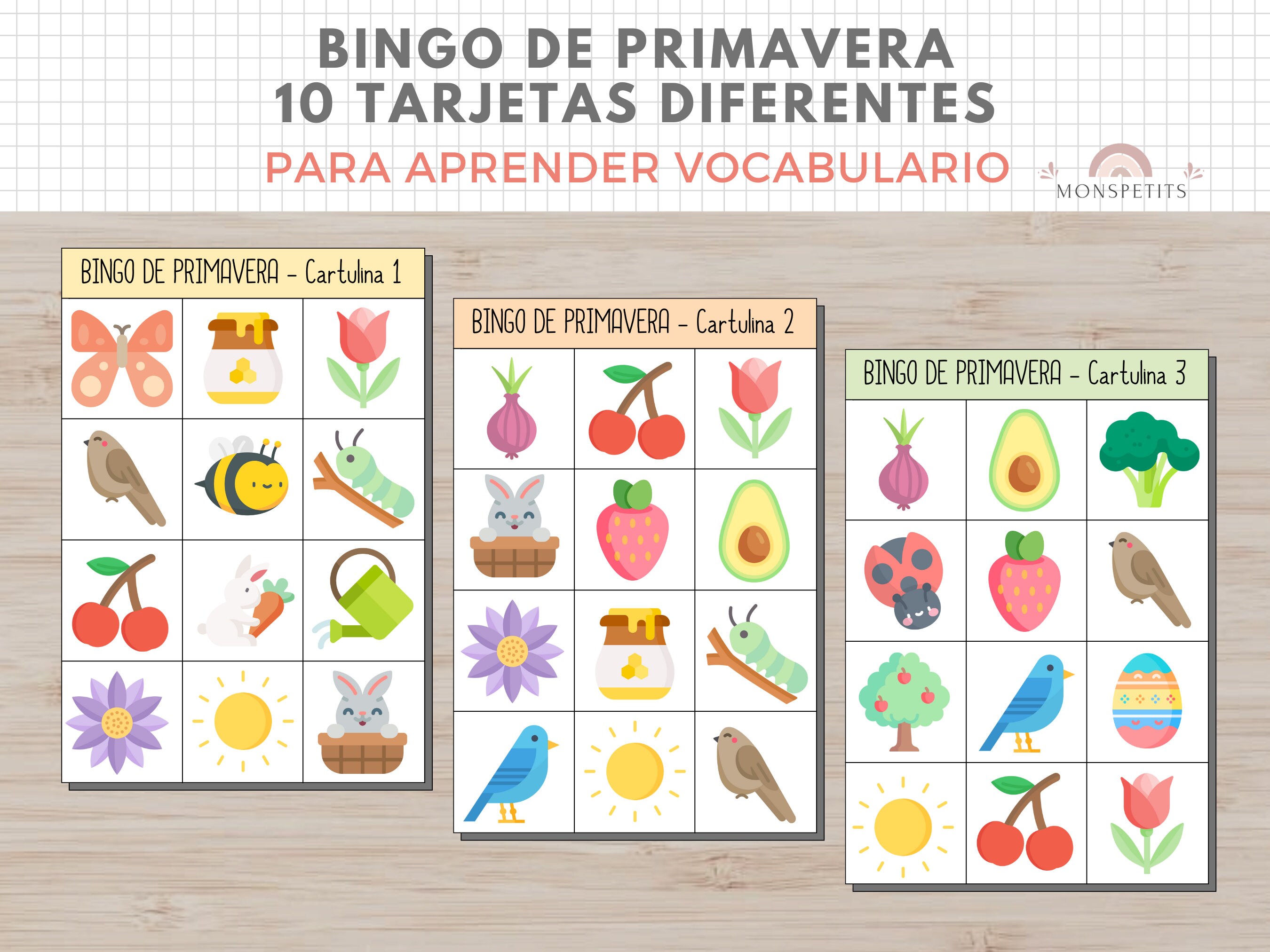 Bingo Temática Primavera, Juego, Vocabulario Niños, Imprimible, Español ...