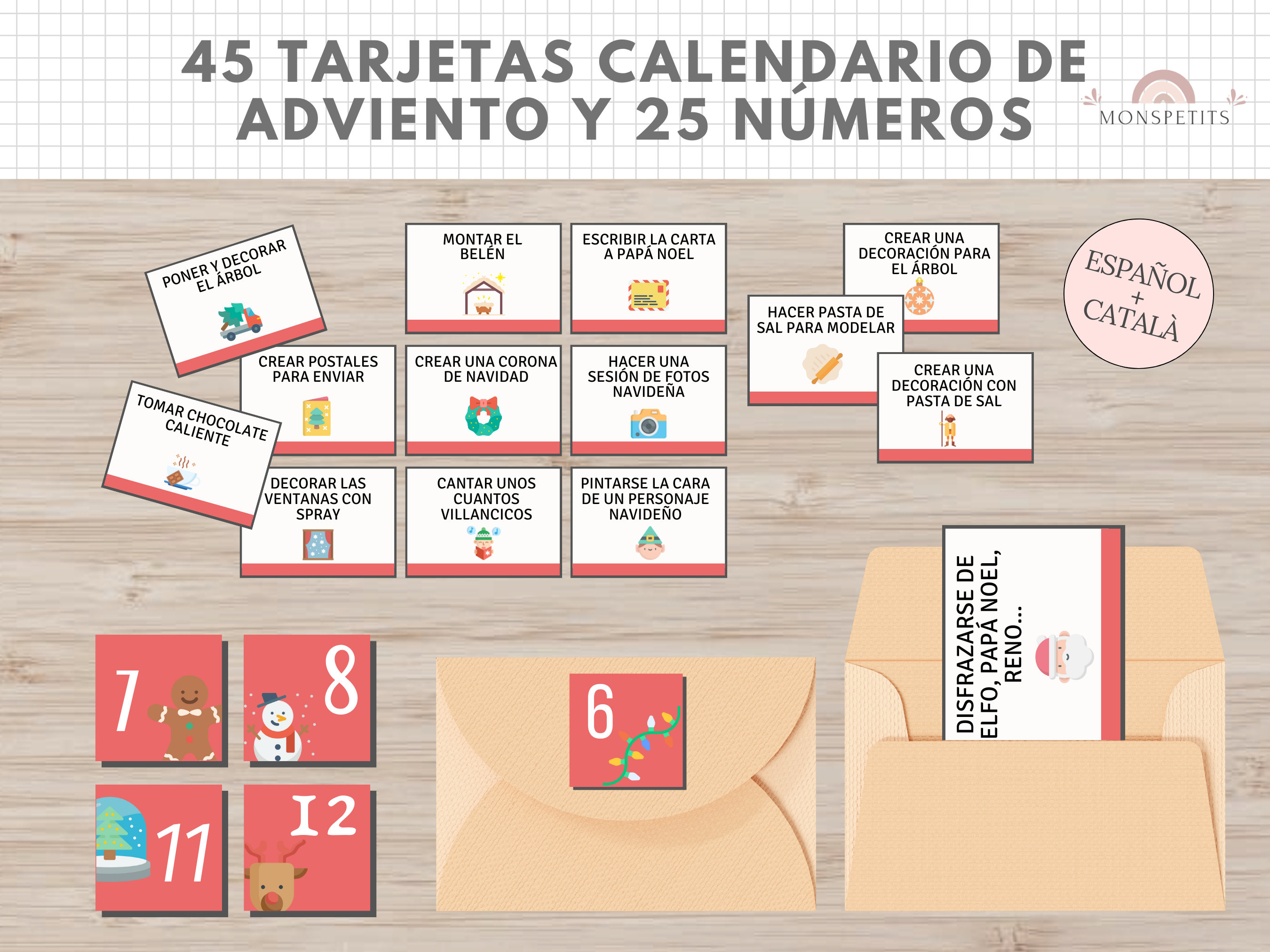 45 Tarjetas Actividades Calendario de Adviento, Números Sobres ...