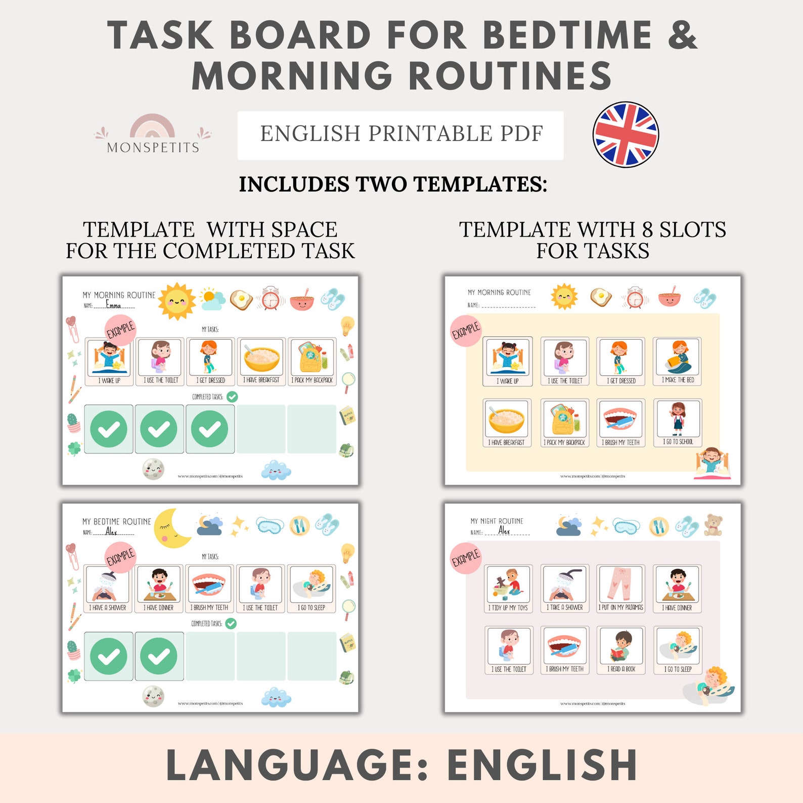Task Board for Bedtime & Morning Routines, Chore Chart, Printable ...