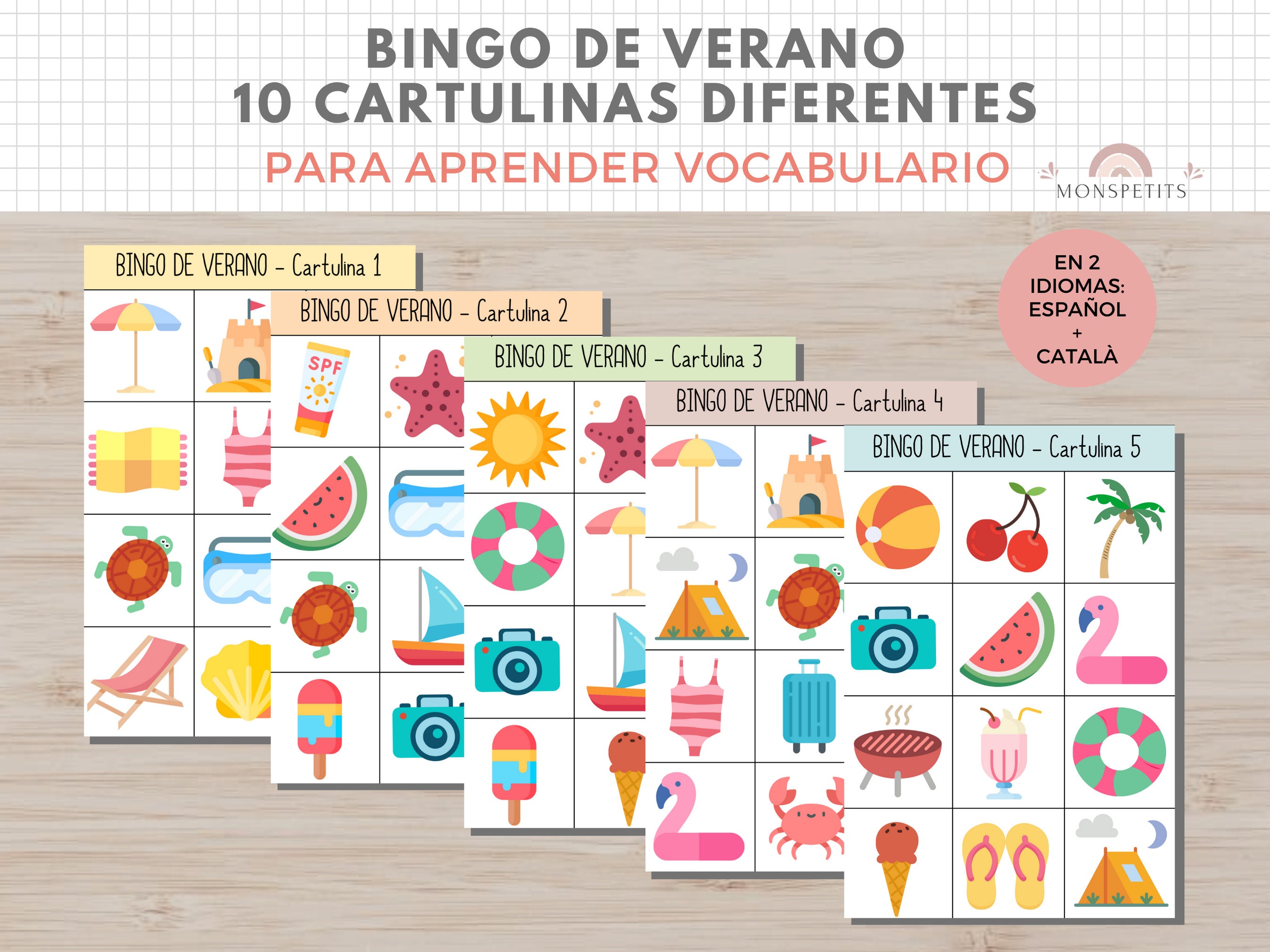 Bingo Temática Verano, Juego, Vocabulario Niños, Imprimible, Español ...