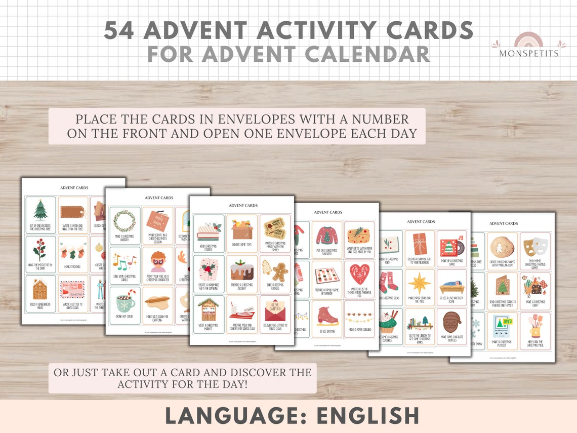 54 Advent Calendar Activity Cards, Printable Family Activities, English ...