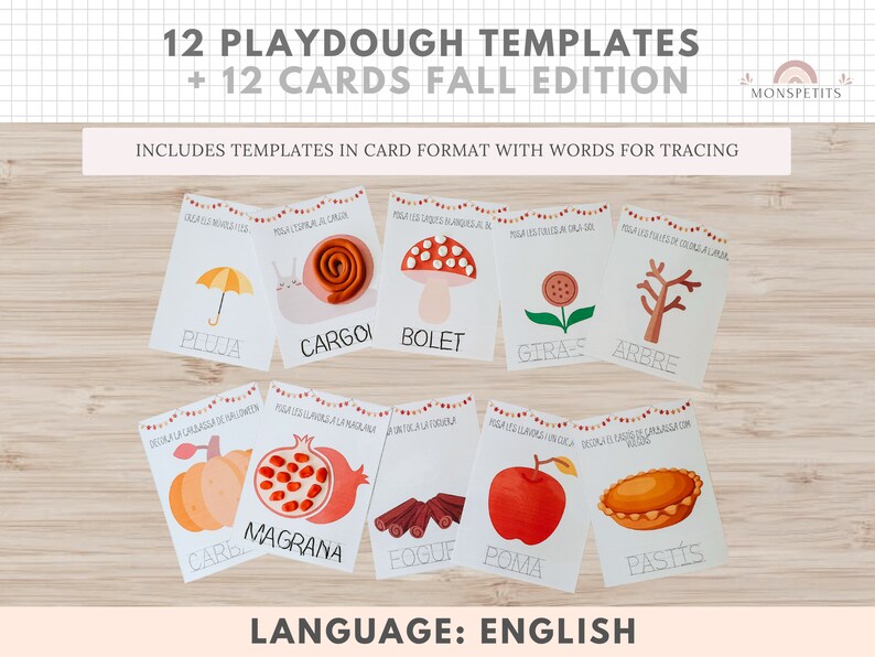 12 Fall Playdough Templates + 12 Word Cards, Printable, English ...