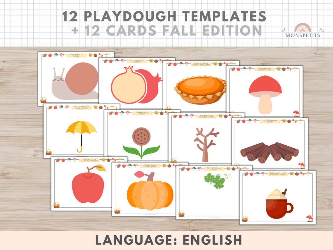 12 Fall Playdough Templates + 12 Word Cards, Printable, English ...