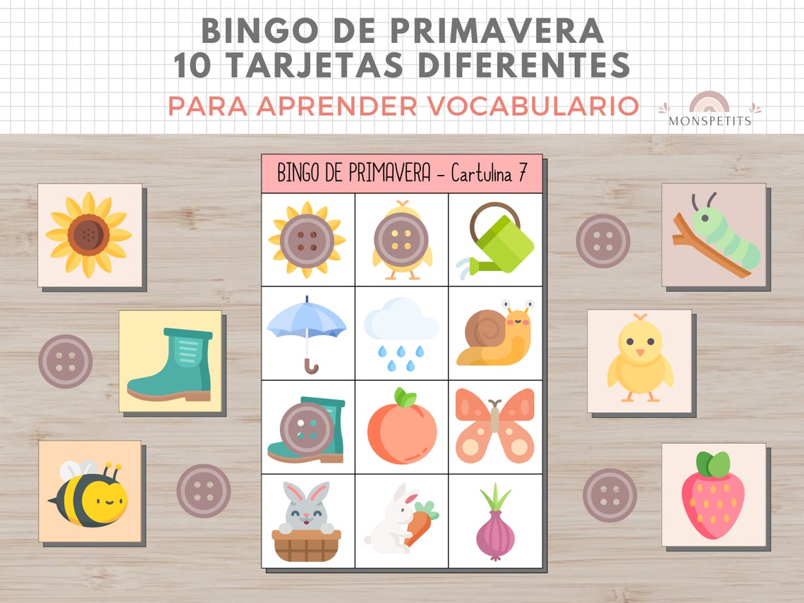 Bingo Temática Primavera, Juego, Vocabulario Niños, Imprimible, Español ...