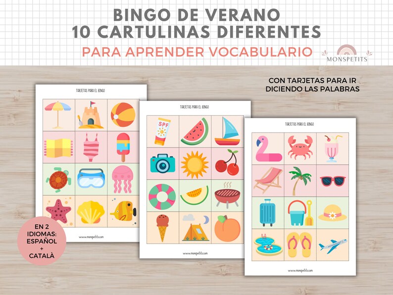 Bingo Temática Verano, Juego, Vocabulario Niños, Imprimible, Español ...