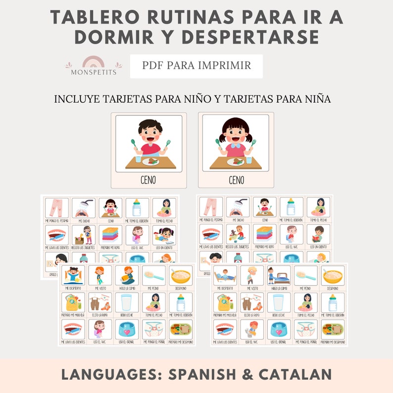 Tablero Rutinas Para Ir A Dormir, Tareas Mañana Y Noche, Español, Català, Versión Niño Y Niña ...