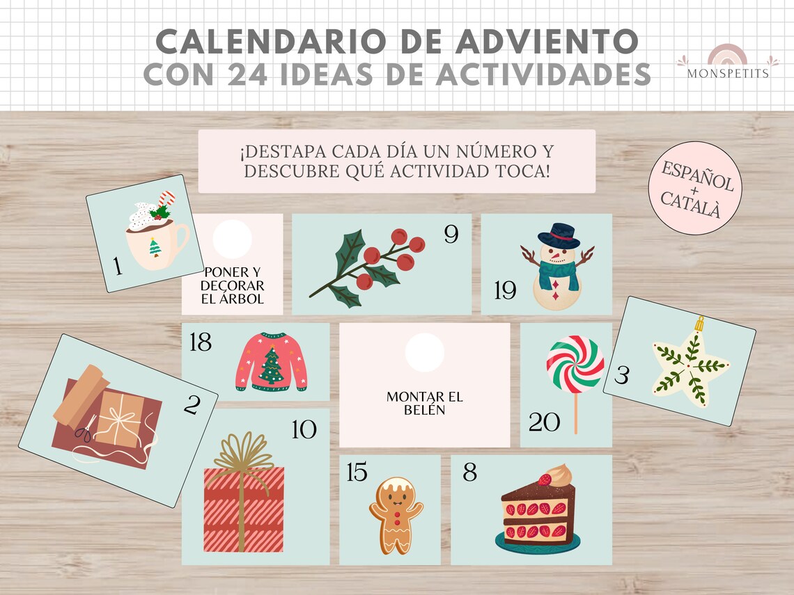 Calendario Adviento Imprimible Horizontal, Plantilla con 24 Ideas de ...