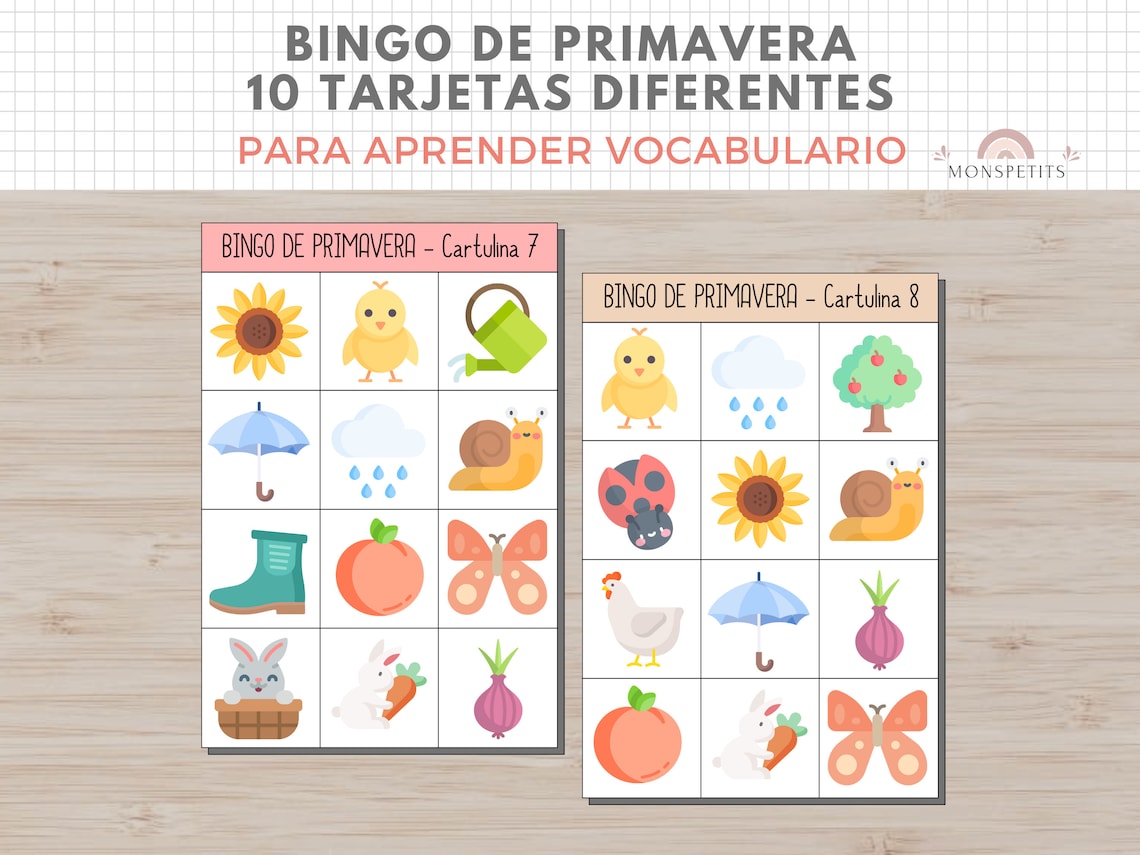 Bingo Temática Primavera, Juego, Vocabulario Niños, Imprimible, Español ...