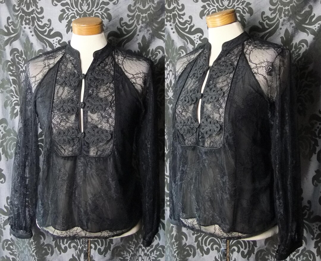 Gothic Black Sheer Lace ORIENTAL High Neck Bib Blouse 8 10 Victorian ...