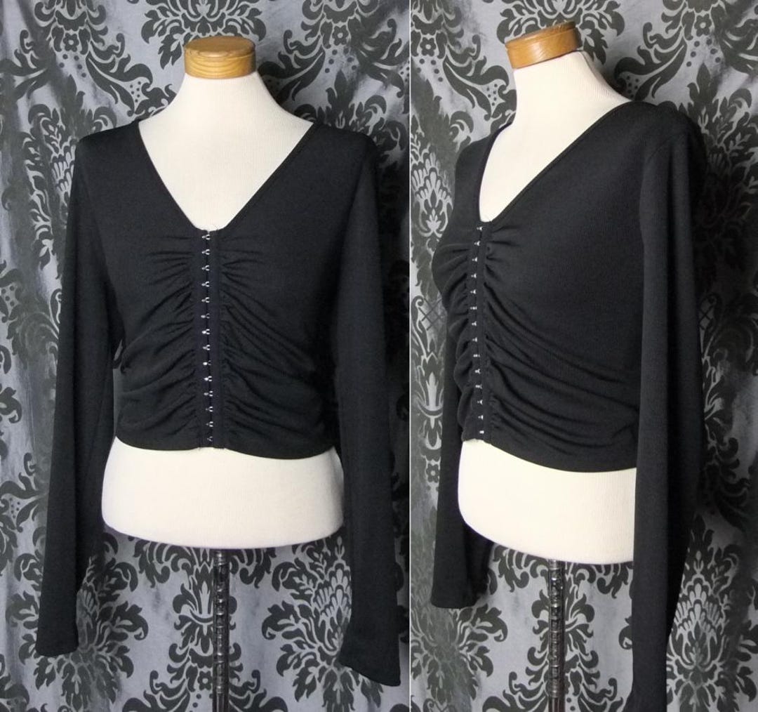 Trad Goth Jet Black Ruched Fitted DESPERATION Hook up Corset Effect Top ...