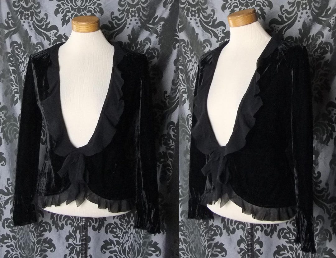 Trad Goth Black Velvet Frill NIGHTSHADE Fitted Tie Jacket Shrug 6 8 ...