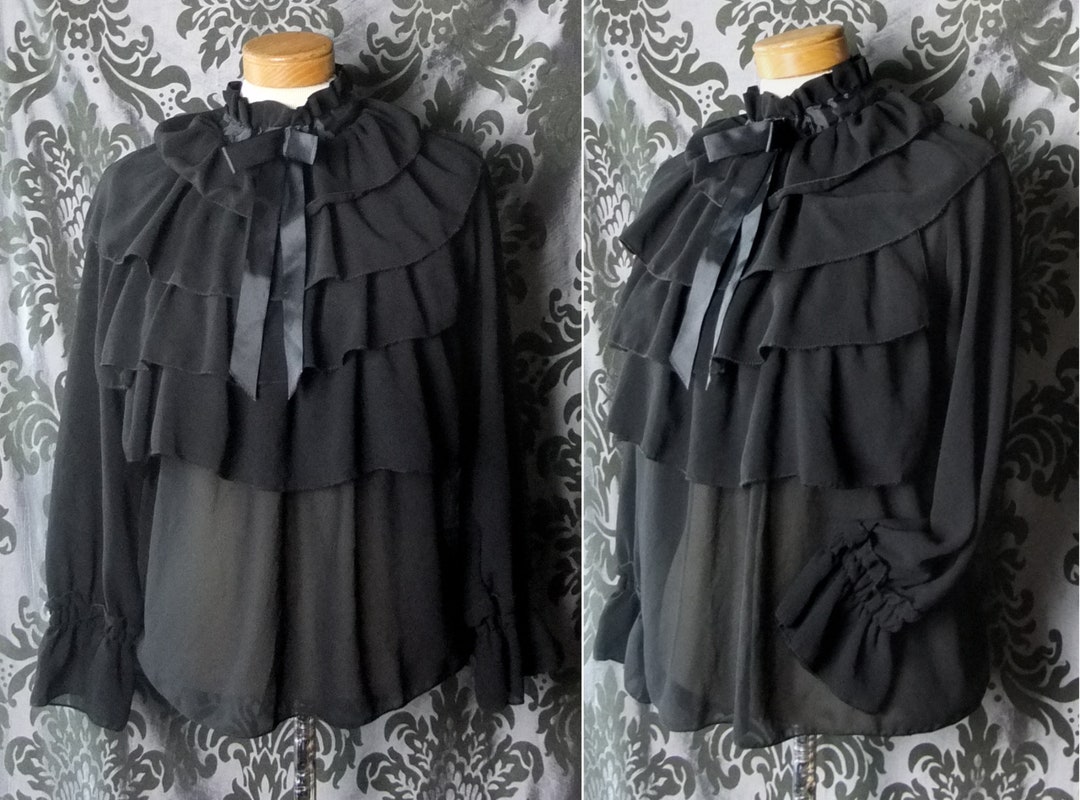 Gothic Dramatic Black Frill Bib GOVERNESS Pussy Bow Blouse 10 12 ...