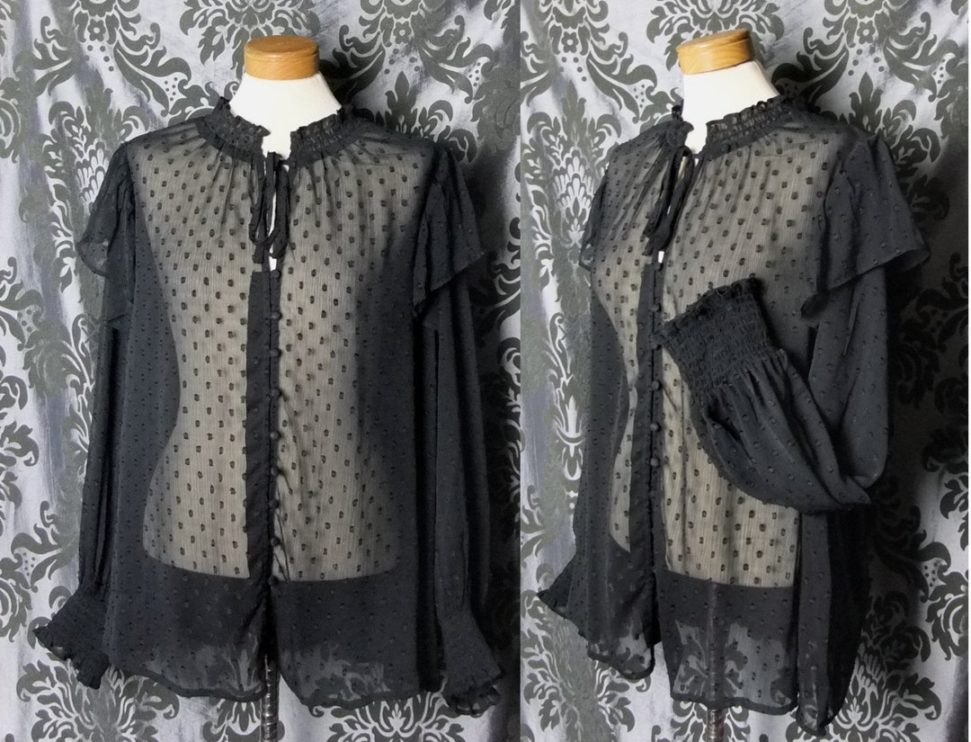 Gothic Black Sheer Frill Detail GRIMOIRE High Neck Ties Smock Blouse 22 ...