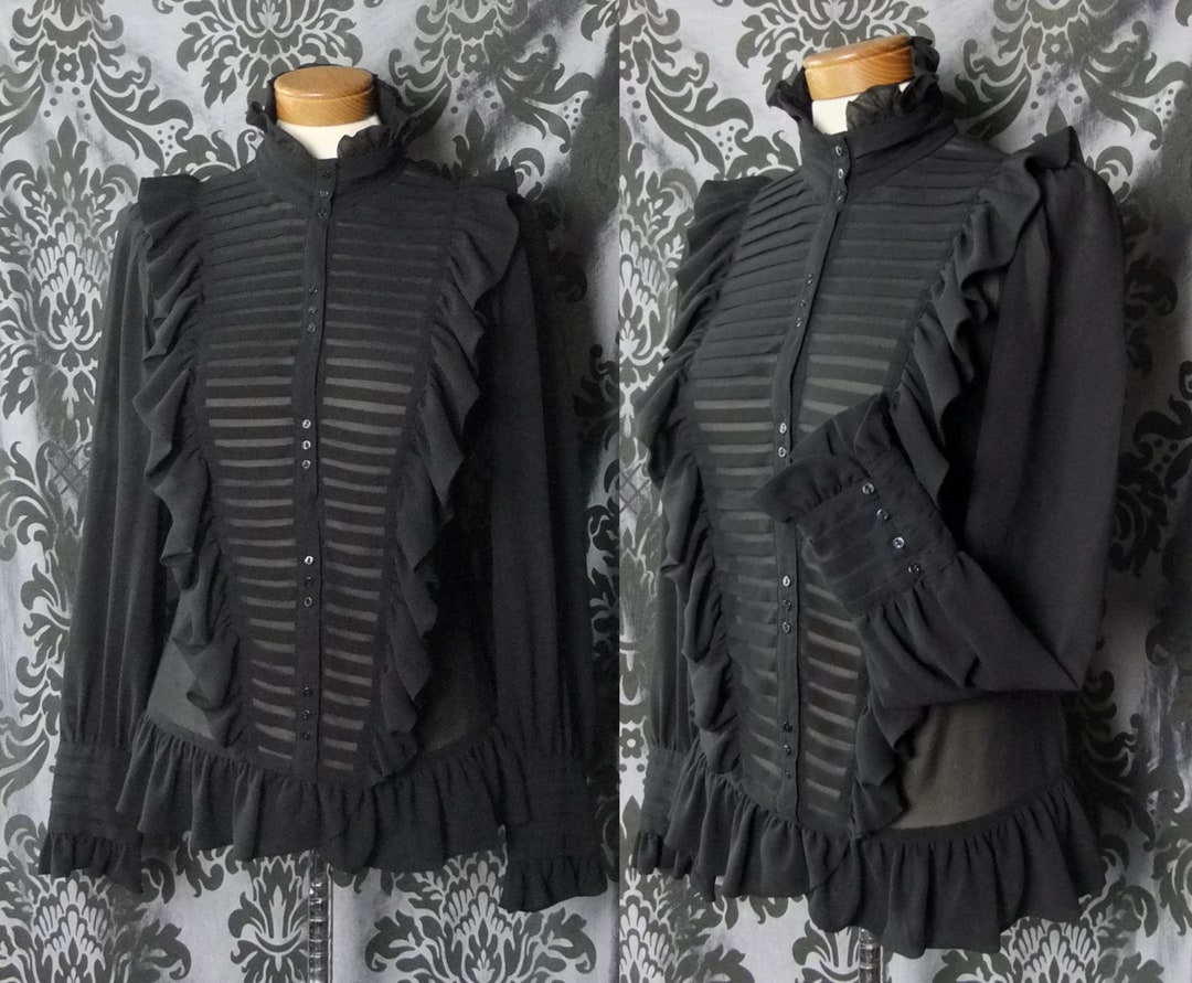 Gothic Black Sheer Frilled VICTORIAN GOVERNESS High Neck Blouse 8 10 ...