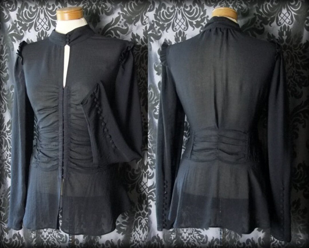 Goth Black Sheer Ruched MACABRE High Neck Corset Blouse 8 10 Victorian ...