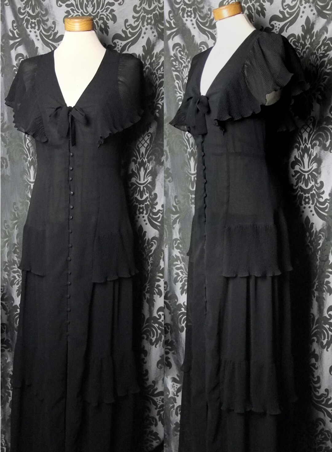 Gothic Very Long Black Frill DISREPUTABLE Bow & Button Detail Dress 4 6 ...