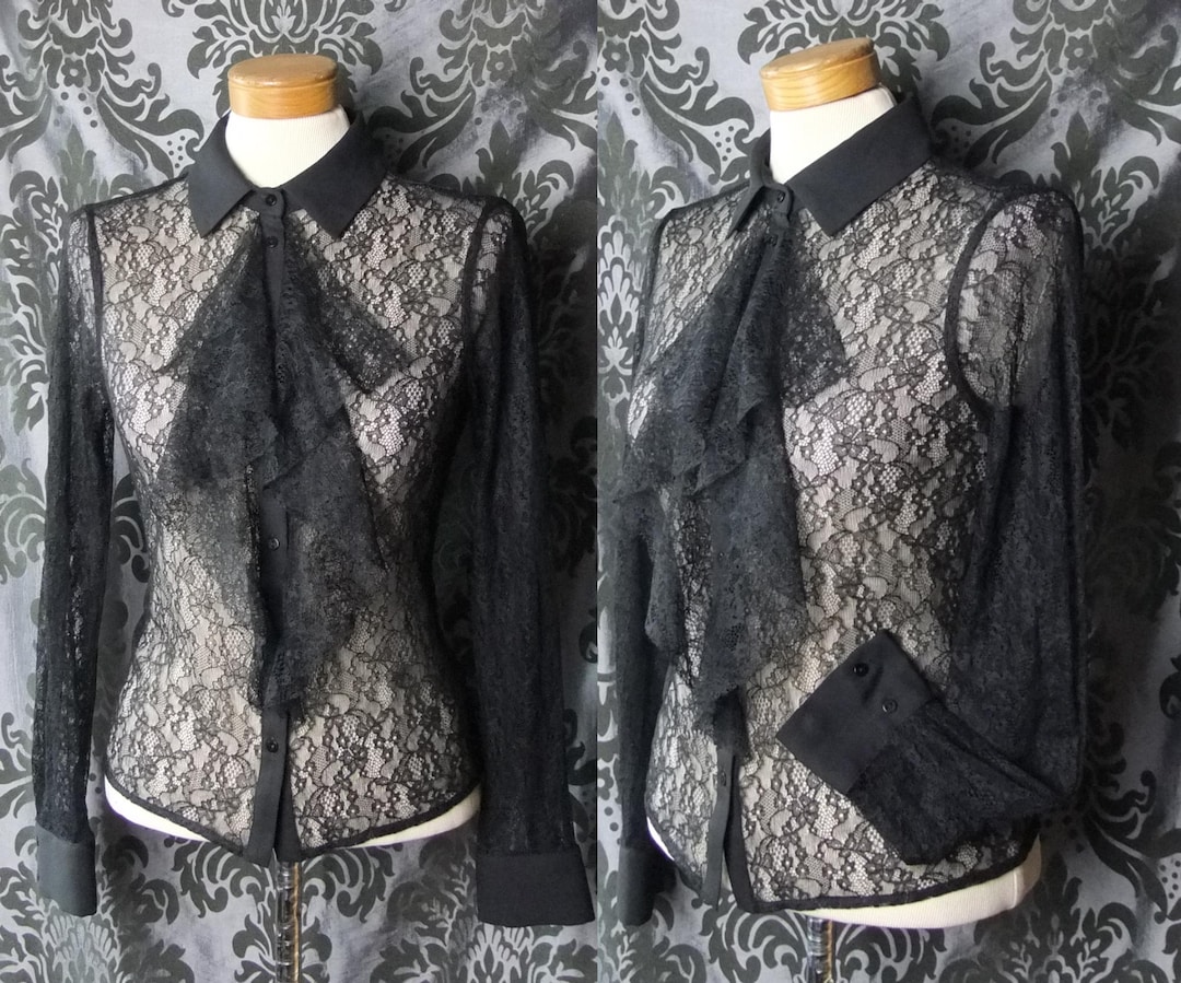 Gothic Black Sheer Lace STRICT GOVERNESS Frill Bib Jabot Blouse 6 8 ...
