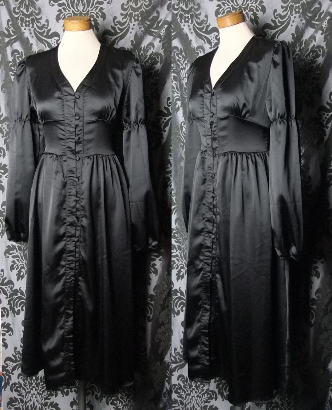 Gothic Long Black Satin Button Through DISQUIET Wide Waist Dress 10 12 ...