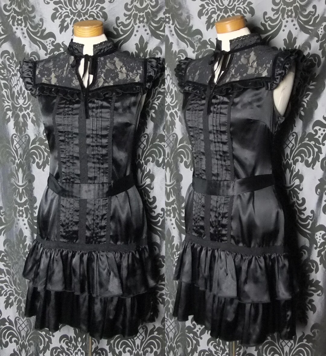 Gothic Black Satin Bib Detail VICTORIAN GOVERNESS High Neck Tie Dress ...