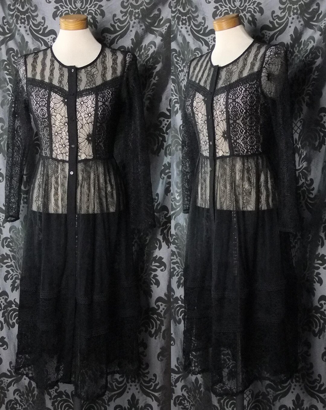 Trad Goth Long Black Sheer Lace STRICT SILENCE Buttoned Dress 6 8 ...