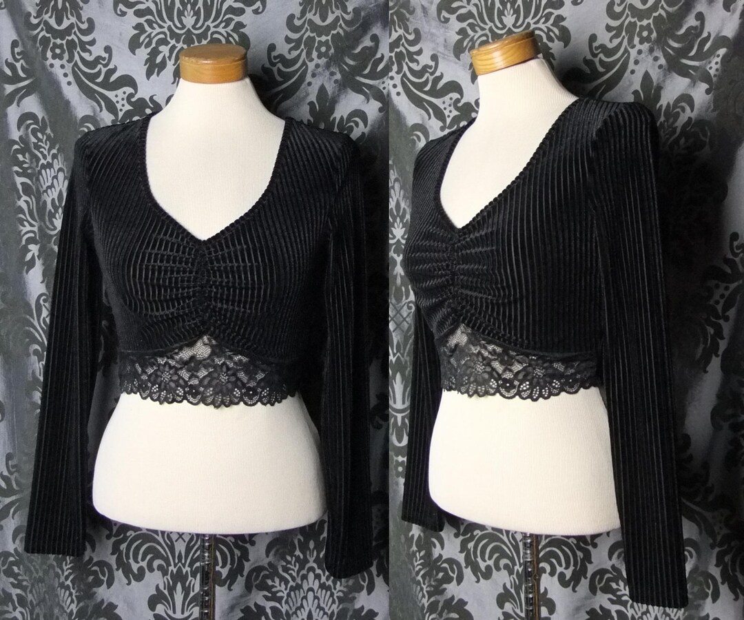 Trad Goth Jet Black Velvet Lace Trim MAYHEM Fitted Crop Top 6 8 Pin up ...