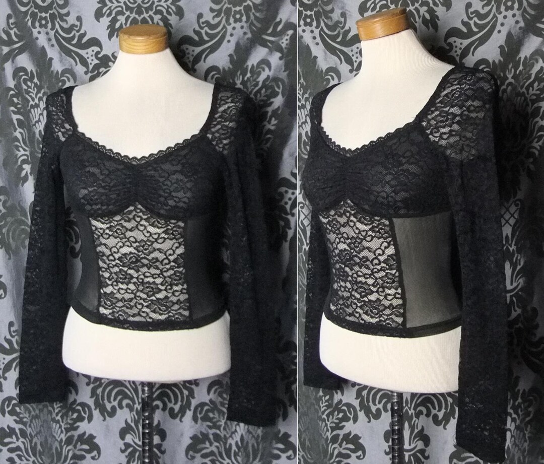 Trad Goth Jet Black Sheer MIDNIGHT Fitted Lace Corset Panel Top 4 6 ...