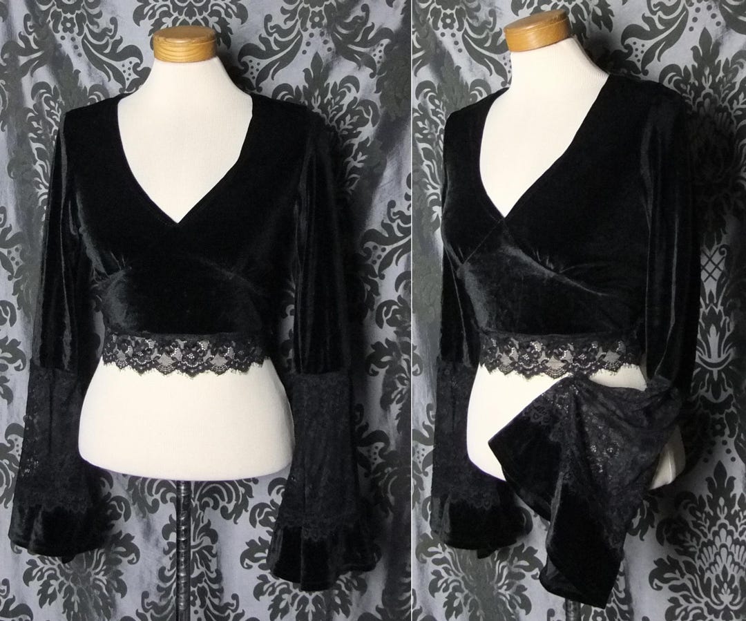 Trad Goth Jet Black Velvet Lace Trim DEVOTED Wide Sleeve Crop Top 8 10 ...