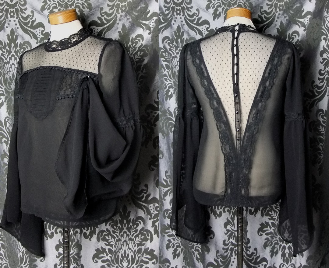 Gothic Black Lace Bib Buttoned DELIRIUM Dramatic Wide Cuff Smock Blouse ...