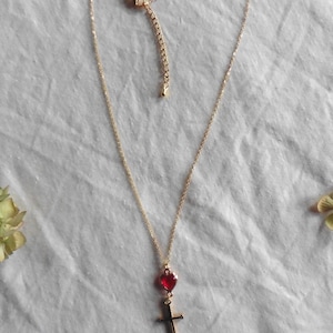 Red Heart & Gold Sword Necklace, Dagger, Knight, Dark Academia, Gothic ...