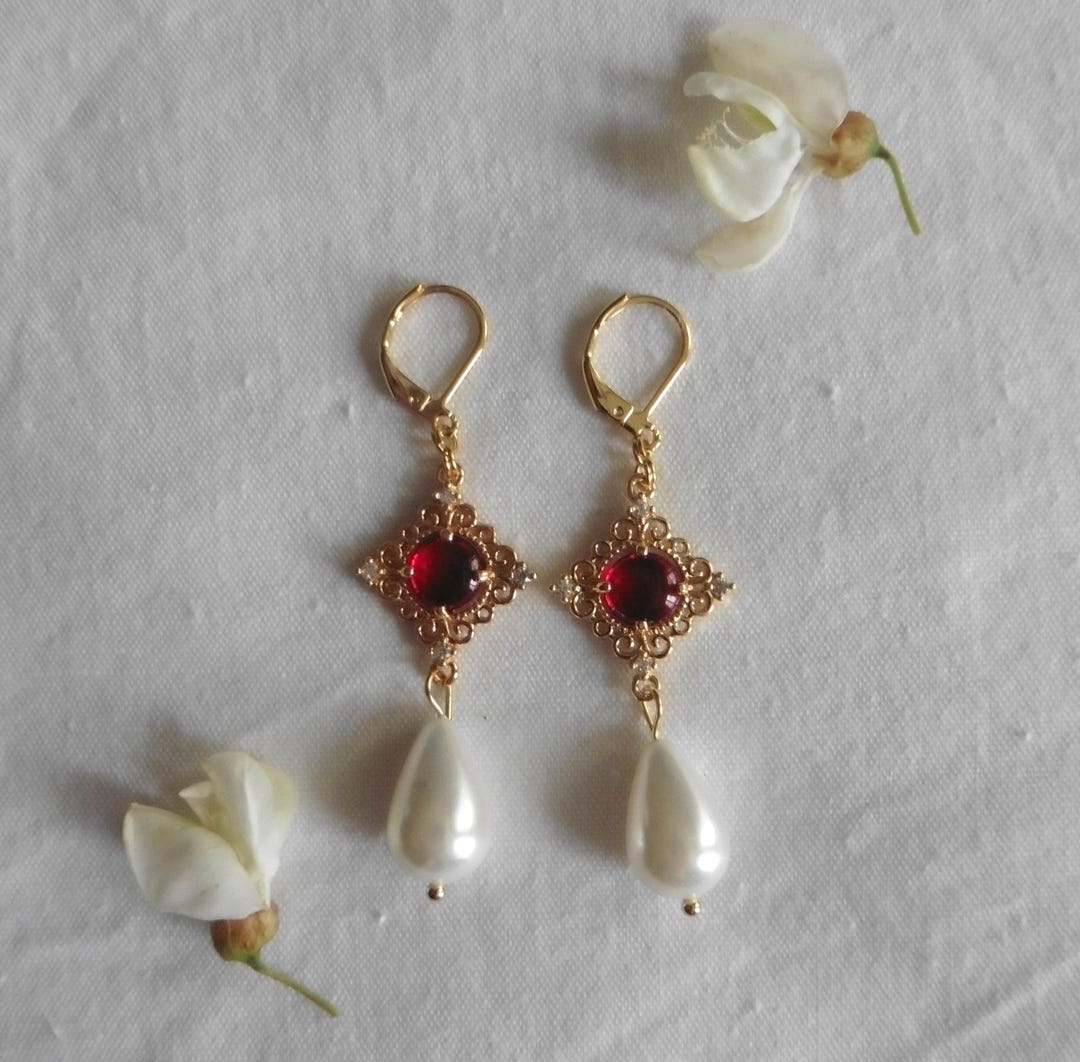 Pearl-drop Red Queen Tudor Earrings, Renaissance Earrings, Medieval ...