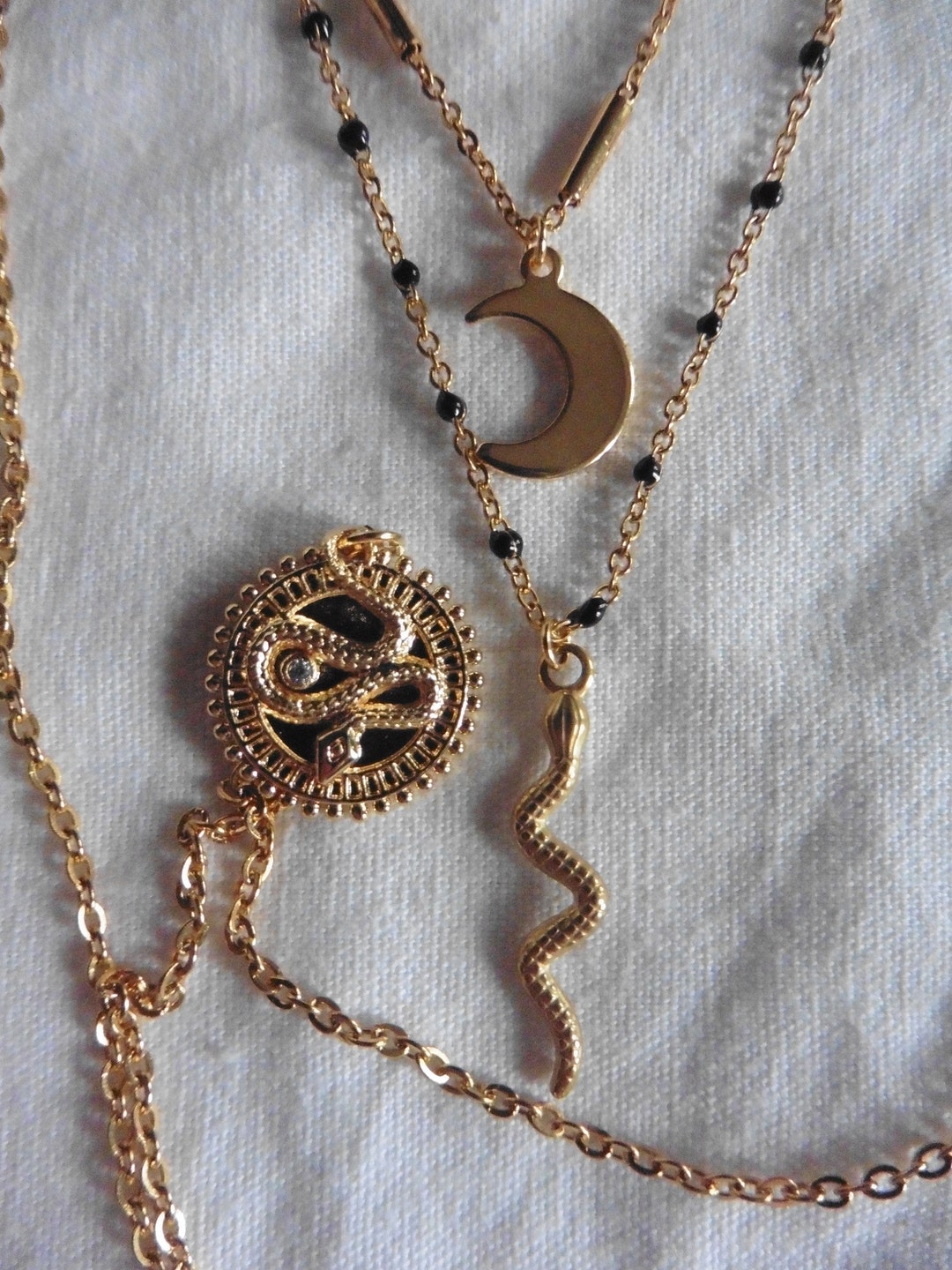 Theda Bara Snake Medal Moon Triple Gold Necklace, Boho Necklace, Viking ...