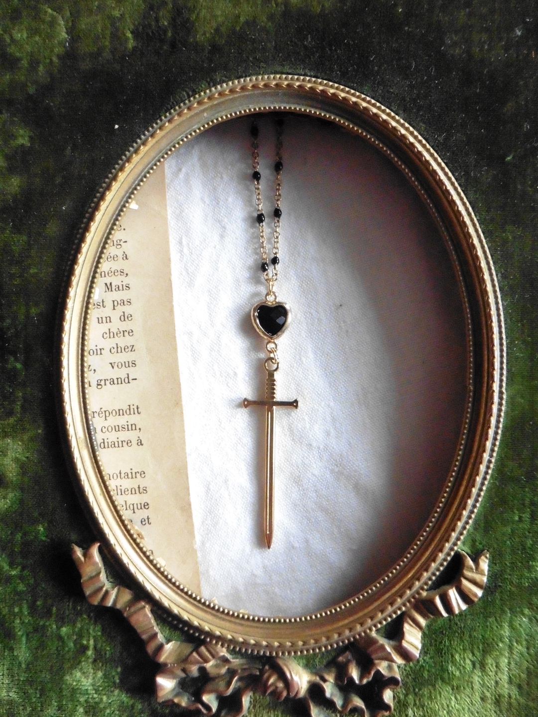 Black Heart & Gold Sword Necklace, Dagger, Gothic Rosary, Knight, Dark ...