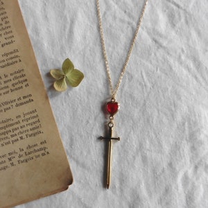 Red Heart & Gold Sword Necklace, Dagger, Knight, Dark Academia, Gothic ...