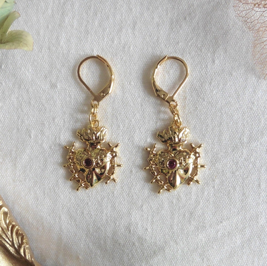 Mater Dolorosa Ex-voto Heart and Swords 18K Gold Earrings, Sacred Heart ...