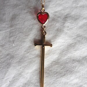 Red Heart & Gold Sword Necklace, Dagger, Knight, Dark Academia, Gothic ...