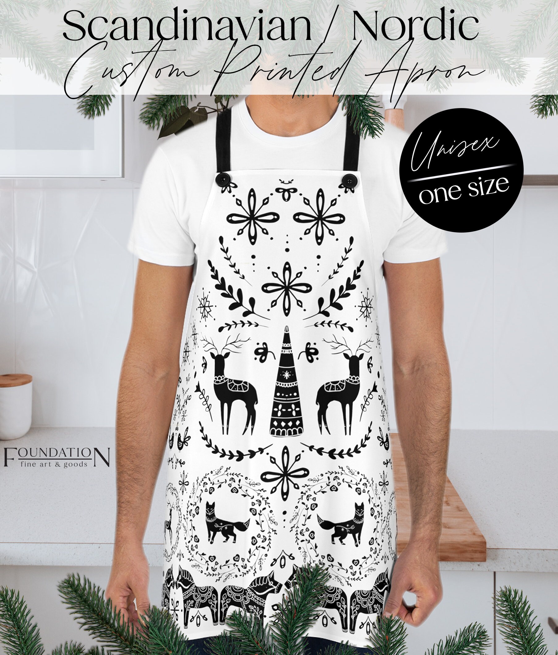 Nordic Black White Apron, Scandinavian Christmas, Nordic Woodland Folk ...