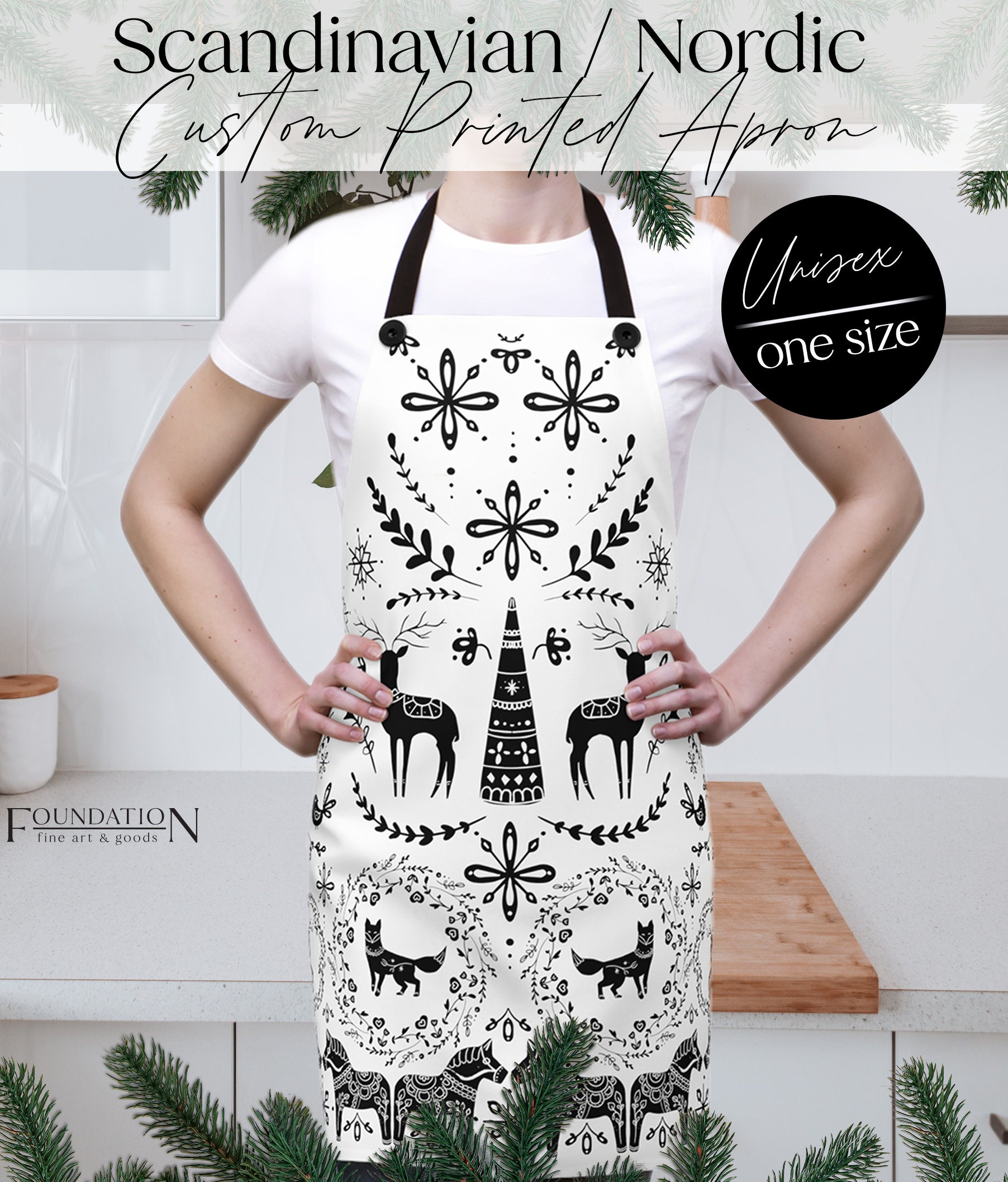 Nordic Black White Apron, Scandinavian Christmas, Nordic Woodland Folk ...