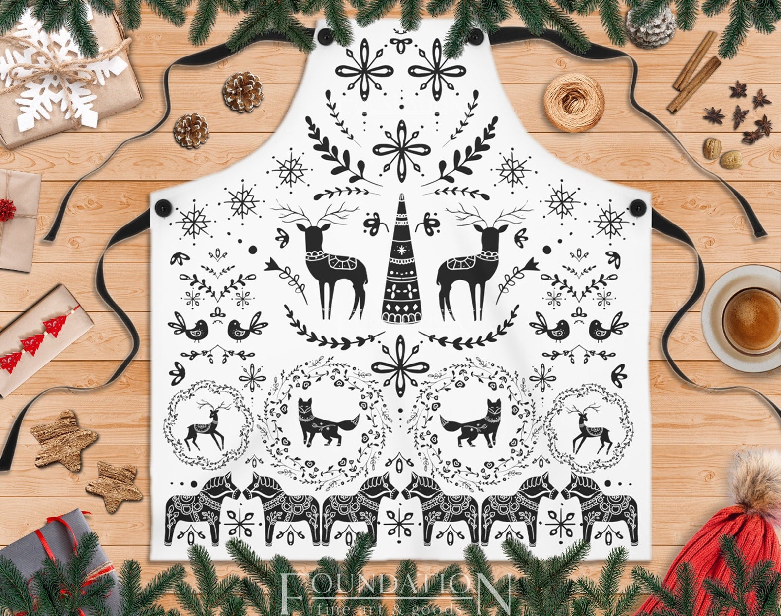 Nordic Black White Apron, Scandinavian Christmas, Nordic Woodland Folk ...