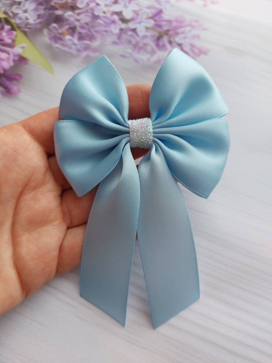 Satin Ribbon Bows Tail Bows Light Blue Baby Blue AB White Glitter ...