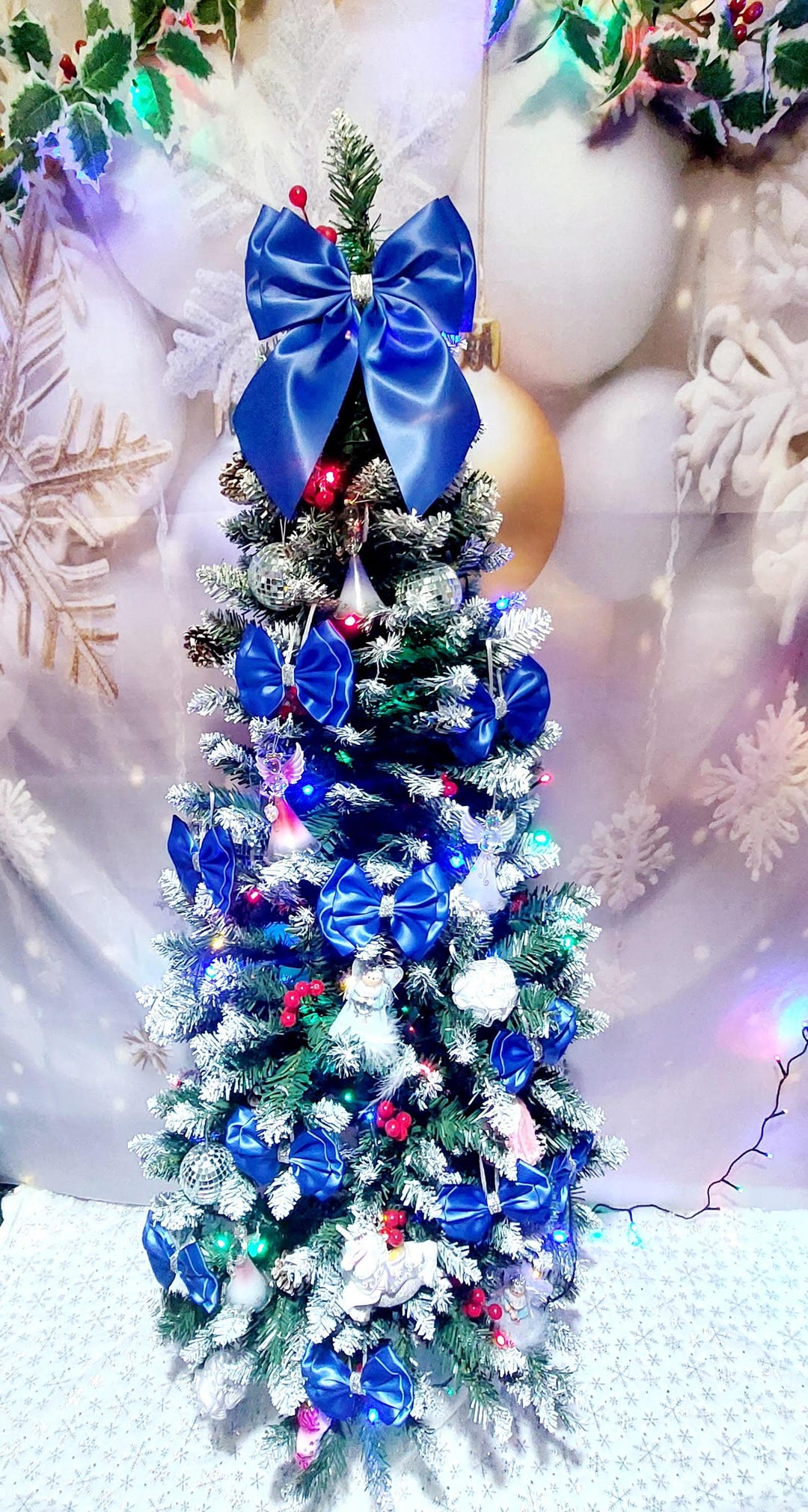 Christmas Tree Bow Decorations Royal Blue Silver Bows Tree Topper - Etsy