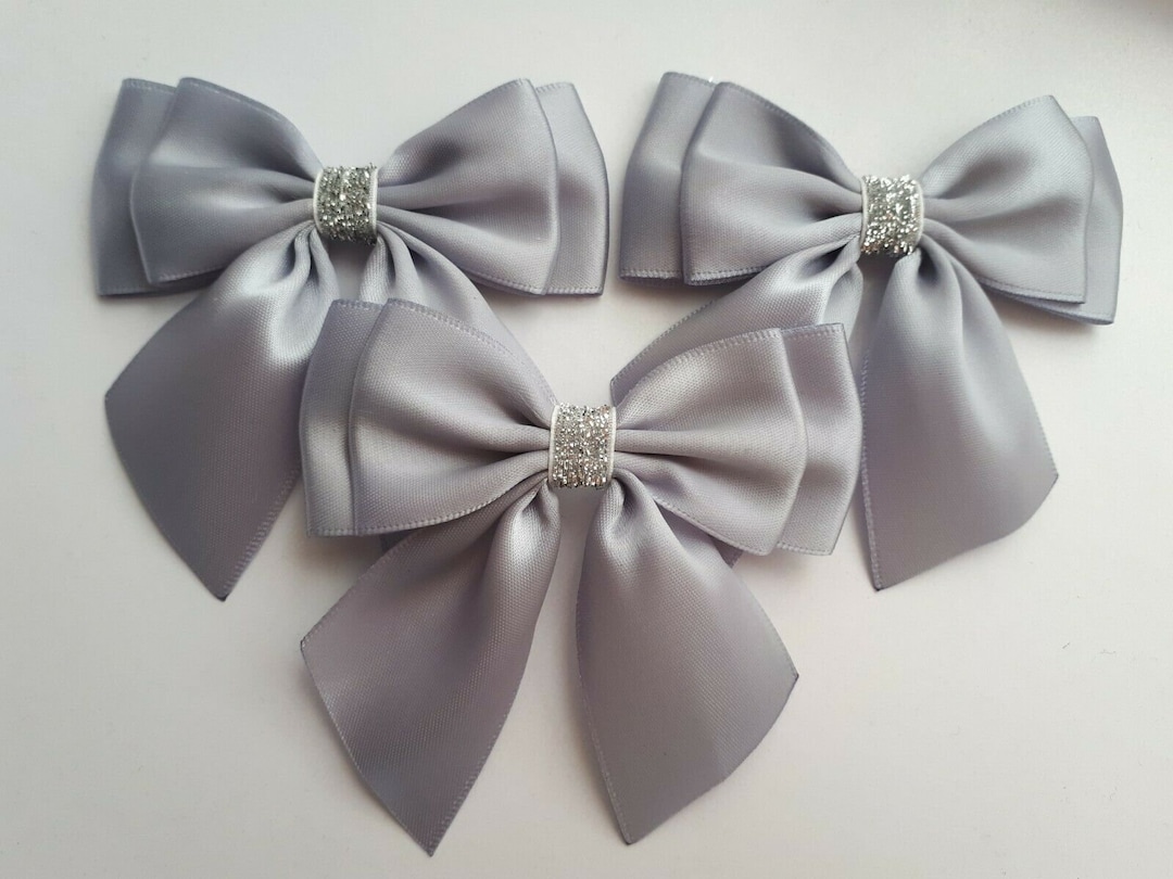 Double Bows Satin Ribbon Ready Made Bows 3.5 Inch 9cm Grey Silver ...