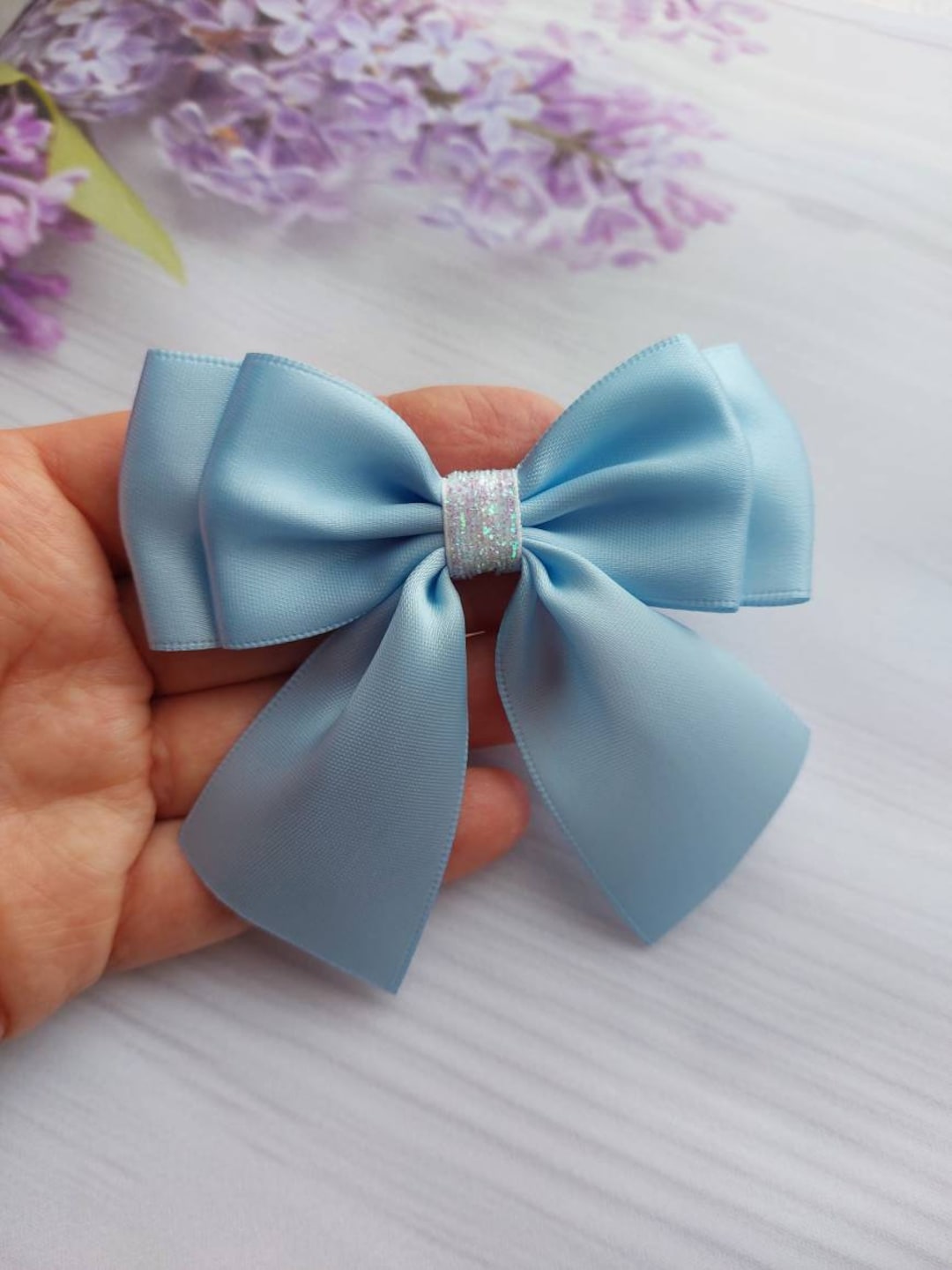 Double Bows Satin Ribbon Ready Made Bows 3.5 Inch 9cm Wide Light Blue ...